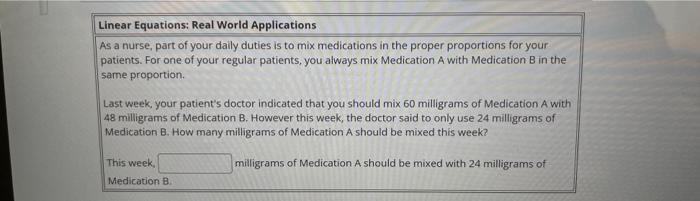 Solved Linear Equations: Real World Applications As a nurse, | Chegg.com