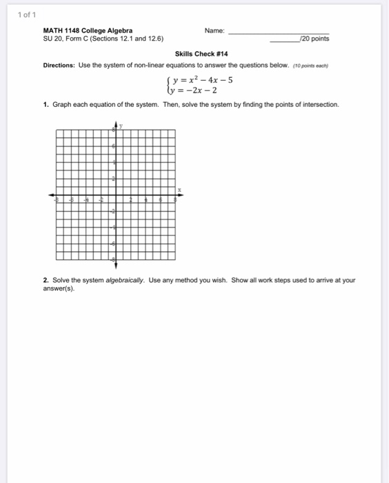 Solved 1 of 1 MATH 1148 College Algebra Name: SU 20, Form C | Chegg.com