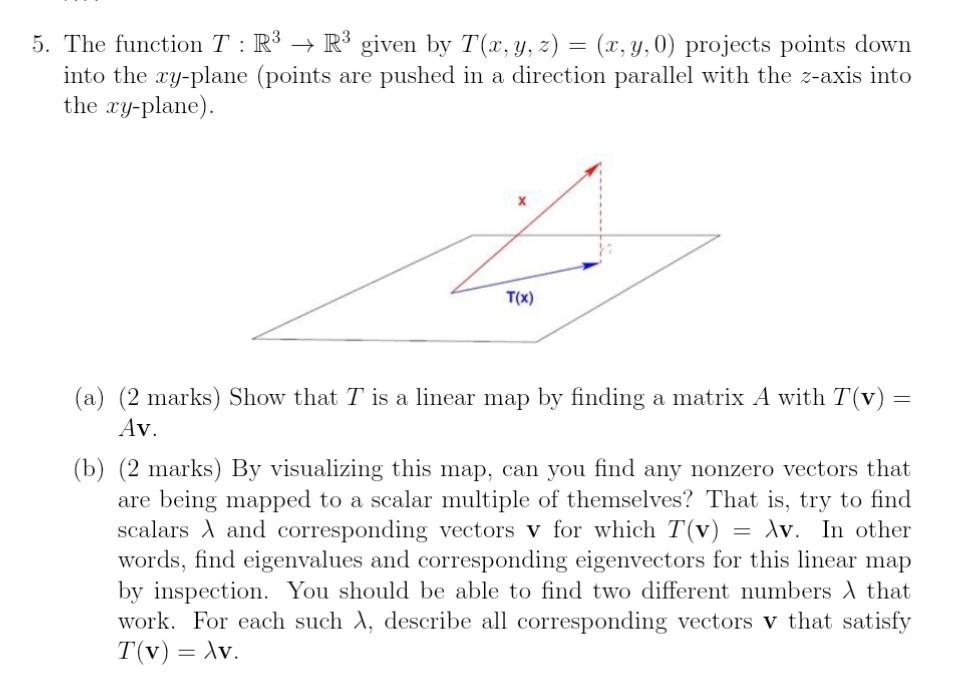 Solved 5. The function T:R3→R3 given by T(x,y,z)=(x,y,0) | Chegg.com