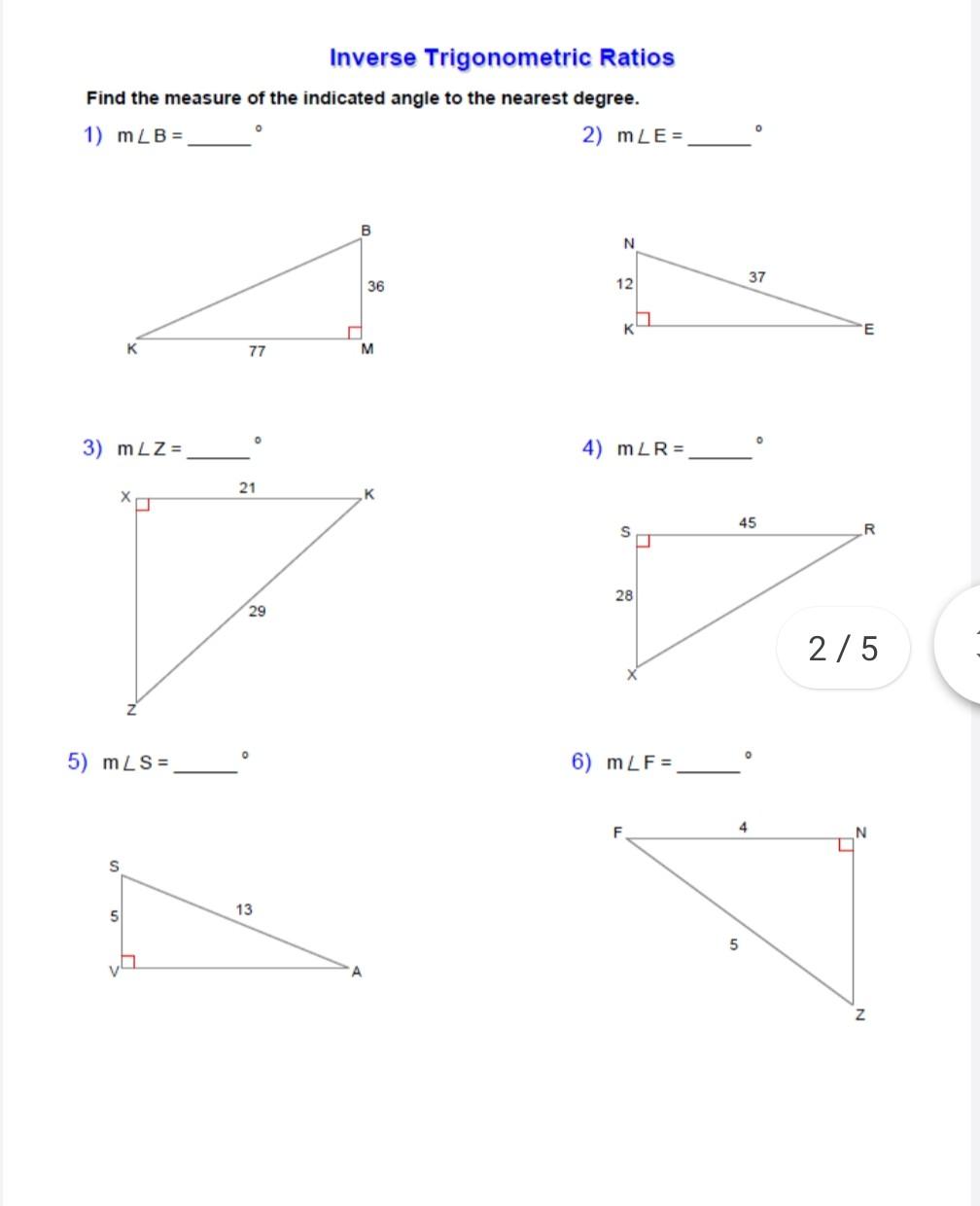 Solved Inverse Trigonometric Ratios Find the measure of the | Chegg.com