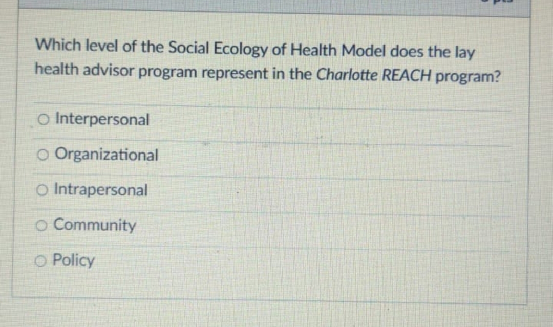 Solved Which level of the Social Ecology of Health Model | Chegg.com