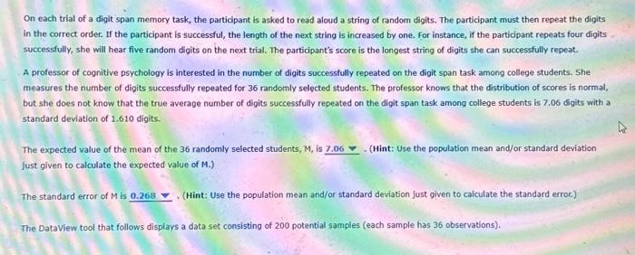 Solved On each trial of a digit span memory task, the | Chegg.com