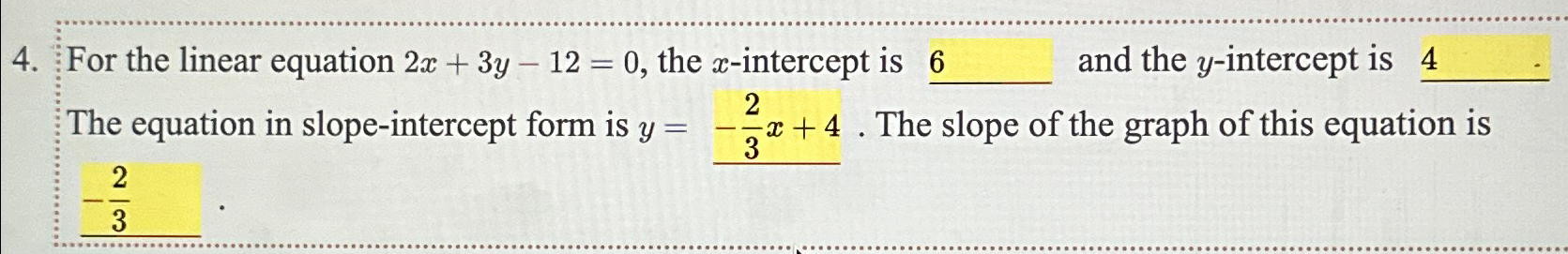 Solved For the linear equation 2x+3y-12=0, ﻿the x-intercept | Chegg.com