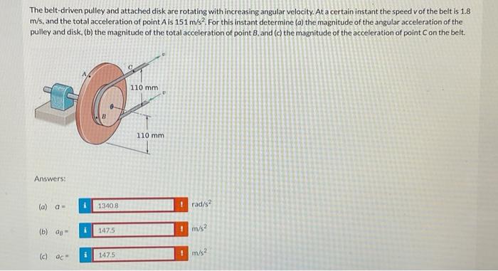 Solved The belt-driven pulley and attached disk are rotating | Chegg.com