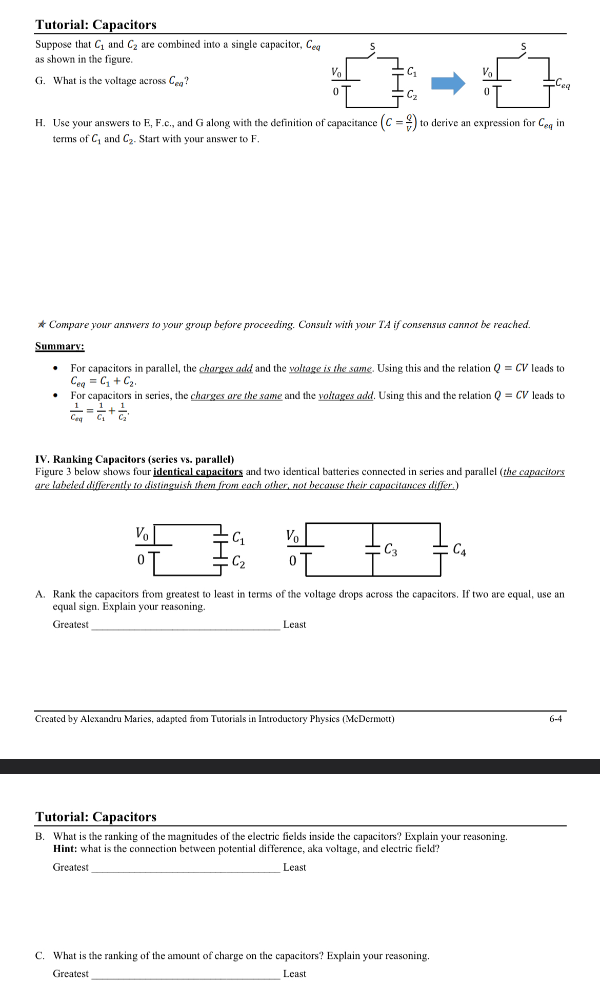 Solved Tutorial: CapacitorsSuppose that C1 ﻿and C2 ﻿are | Chegg.com
