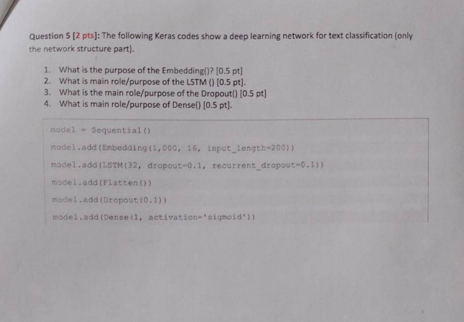Solved Question 5 (2 pts]: The following Keras codes show a | Chegg.com