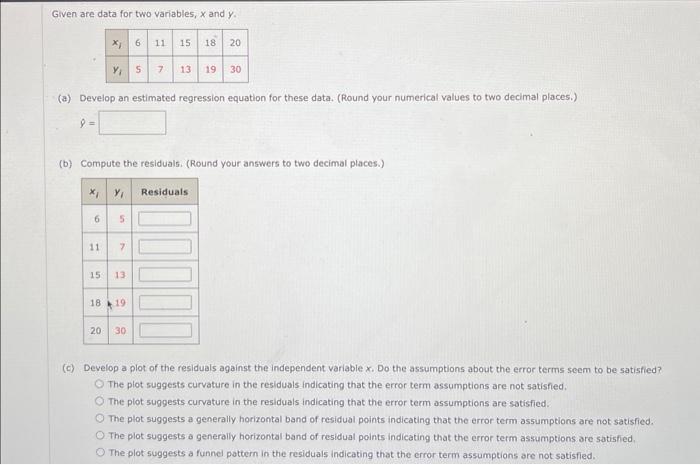 Solved Given are data for two variables, x and y. (a) | Chegg.com
