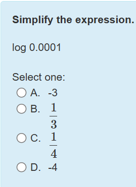 Solved Simplify the expression.log0.0001Select | Chegg.com