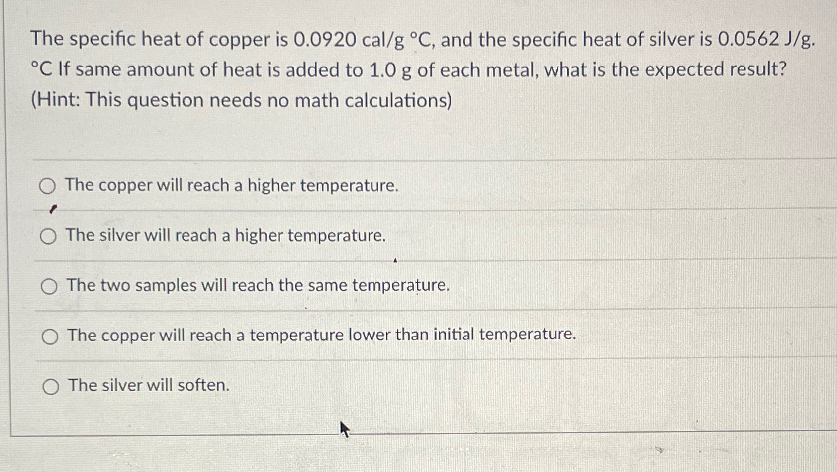 Solved The specific heat of copper is 0.0920calg°C, ﻿and the | Chegg.com