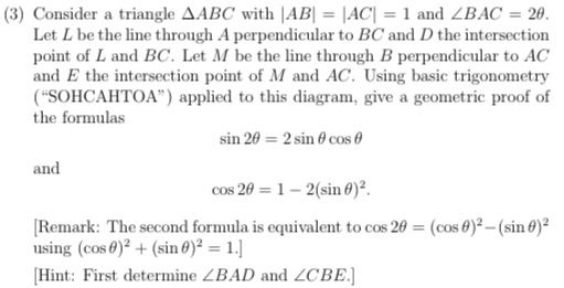 Solved (3) Consider a triangle AABC with |AB| = |AC| = 1 and | Chegg.com