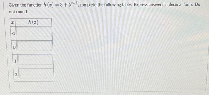 Solved Given the function h(x)=3+5x−2, complete the | Chegg.com