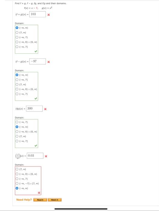 Solved Find r+g2f−g,fg,and f/g and th f(x)=x−7,g(x)=x2 | Chegg.com