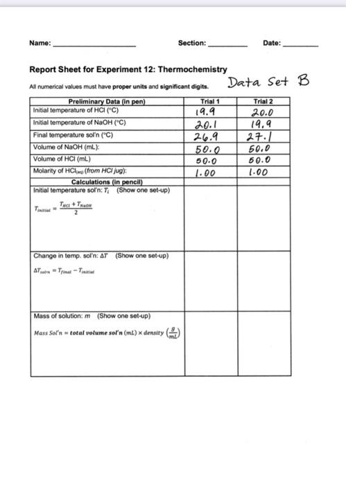 Solved Name: Section: Date: Data Set B Report Sheet for | Chegg.com