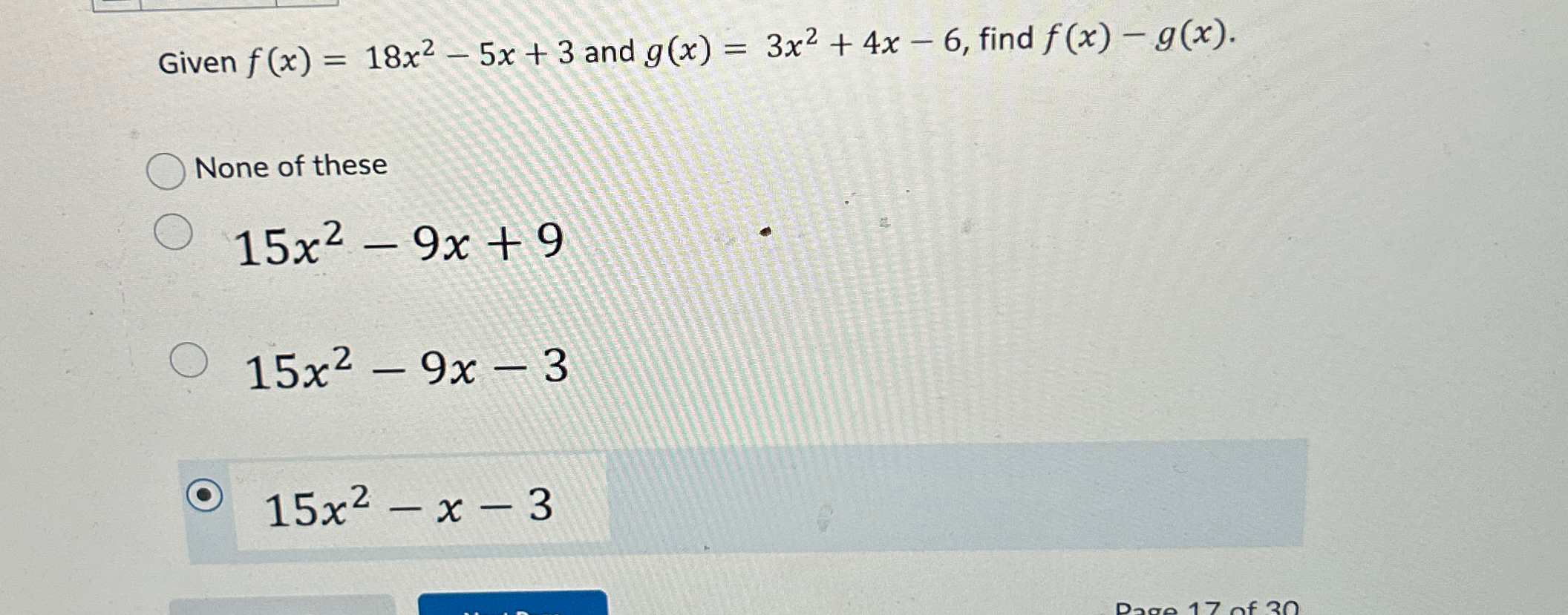 Solved Given f(x)=18x2-5x+3 ﻿and g(x)=3x2+4x-6, ﻿find | Chegg.com
