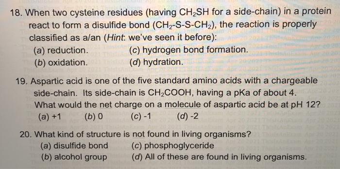 Solved 18. When two cysteine residues (having CH2SH for a | Chegg.com