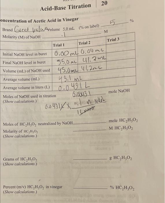 Solved Moles of NaOH used in titration (Show calculations.) | Chegg.com