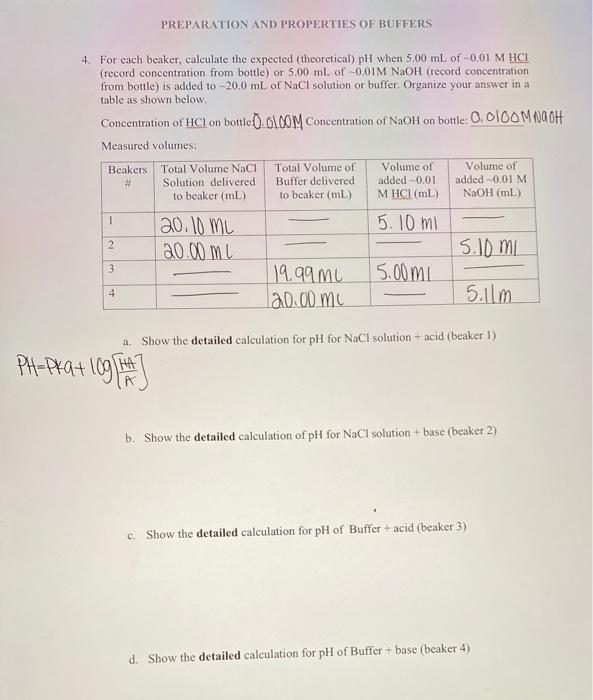 PREPARATION AND PROPERTIES OF BUFFERS 4. For each | Chegg.com