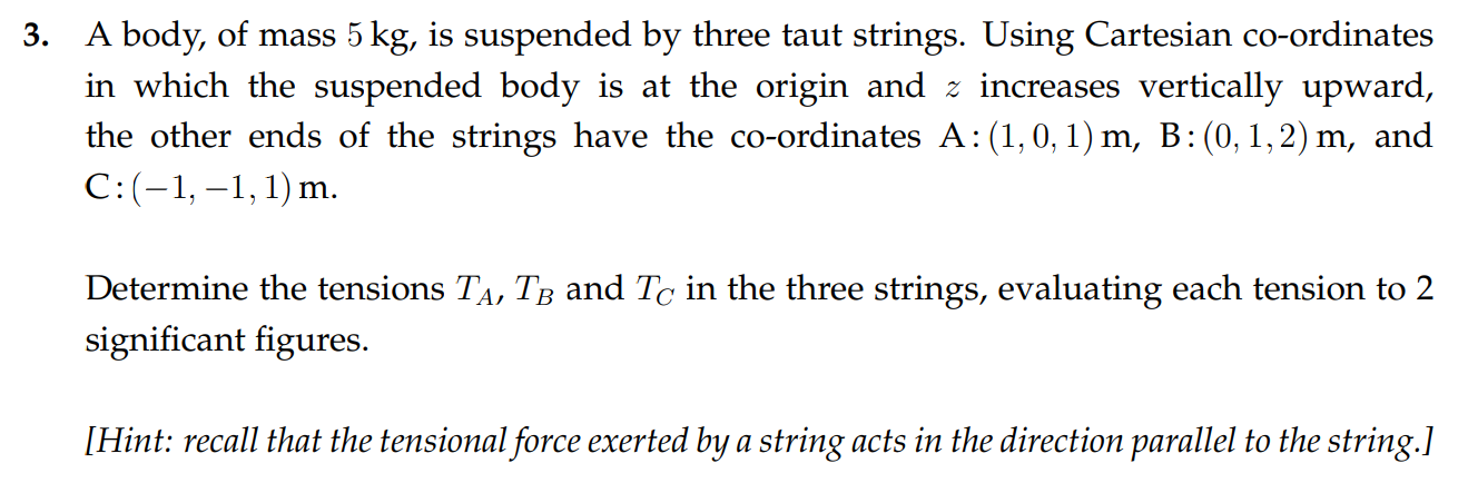Solved A body, of mass 5kg, ﻿is suspended by three taut | Chegg.com