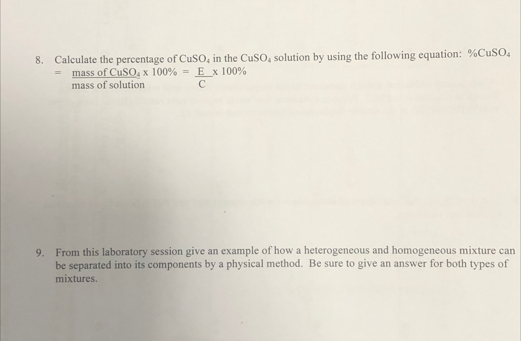 Calculate the percentage of CuSO4 ﻿in the CuSO4 | Chegg.com