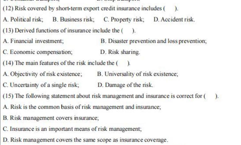 Solved (12) Risk covered by short-term export credit | Chegg.com