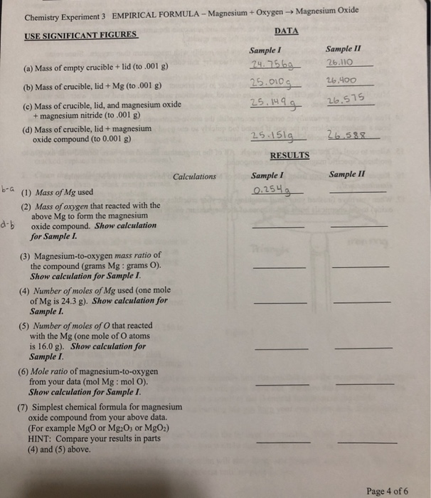 Solved Chemistry Experiment 3 EMPIRICAL FORMULA - Magnesium | Chegg.com