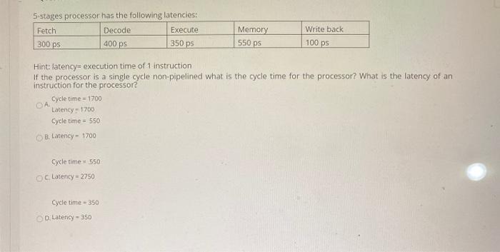 Solved 5 stages processor has the following latencies: Fetch | Chegg.com