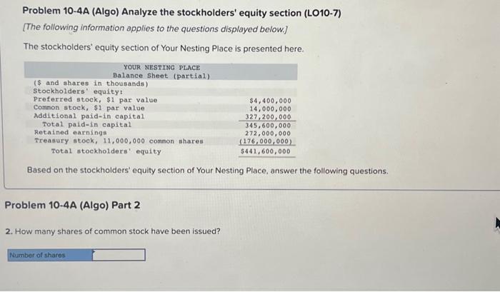 Solved Problem 10-4A (Algo) Analyze the stockholders' equity | Chegg.com