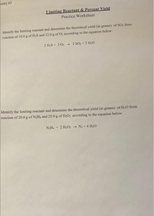Solved nistry 65 Limiting Reactant & Percent Yield Practice | Chegg.com