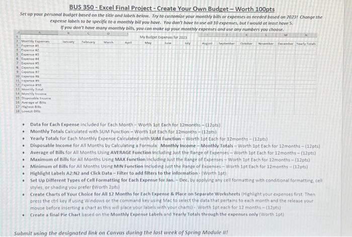 BUS 350 - Excel Final Project - Create Your Own | Chegg.com
