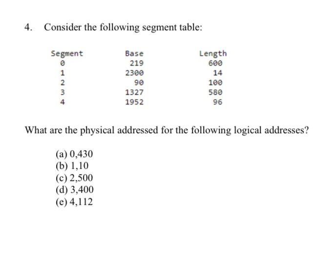 Solved 4 Consider The Following Segment Table Segment Base 