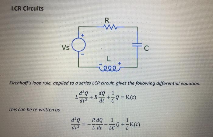 Solved LCR Circuits R w Vs С L Fileet Kirchhoff's loop rule, | Chegg.com
