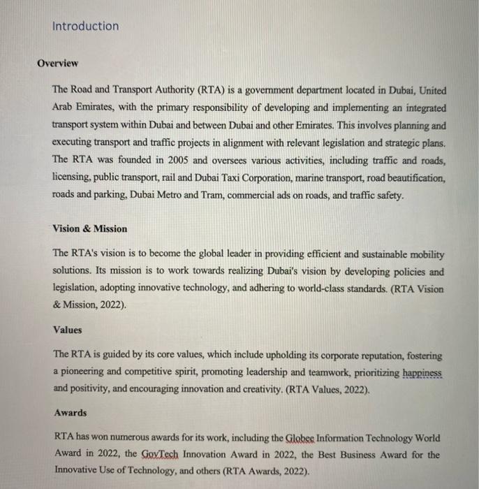 Overview The Road and Transport Authority (RTA) is a | Chegg.com