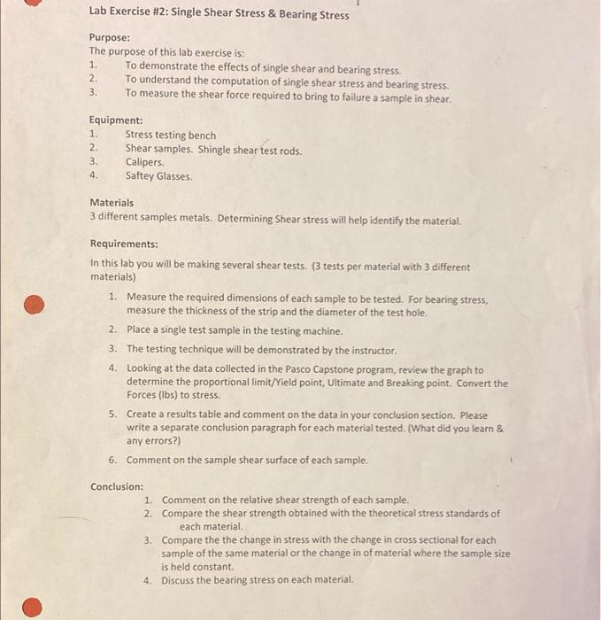Lab Exercise #2: Single Shear Stress & Bearing Stress | Chegg.com