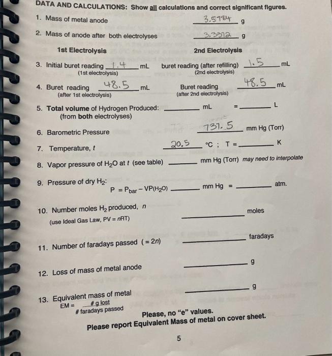 Solved DATA AND CALCULATIONS: Show all calculations and | Chegg.com