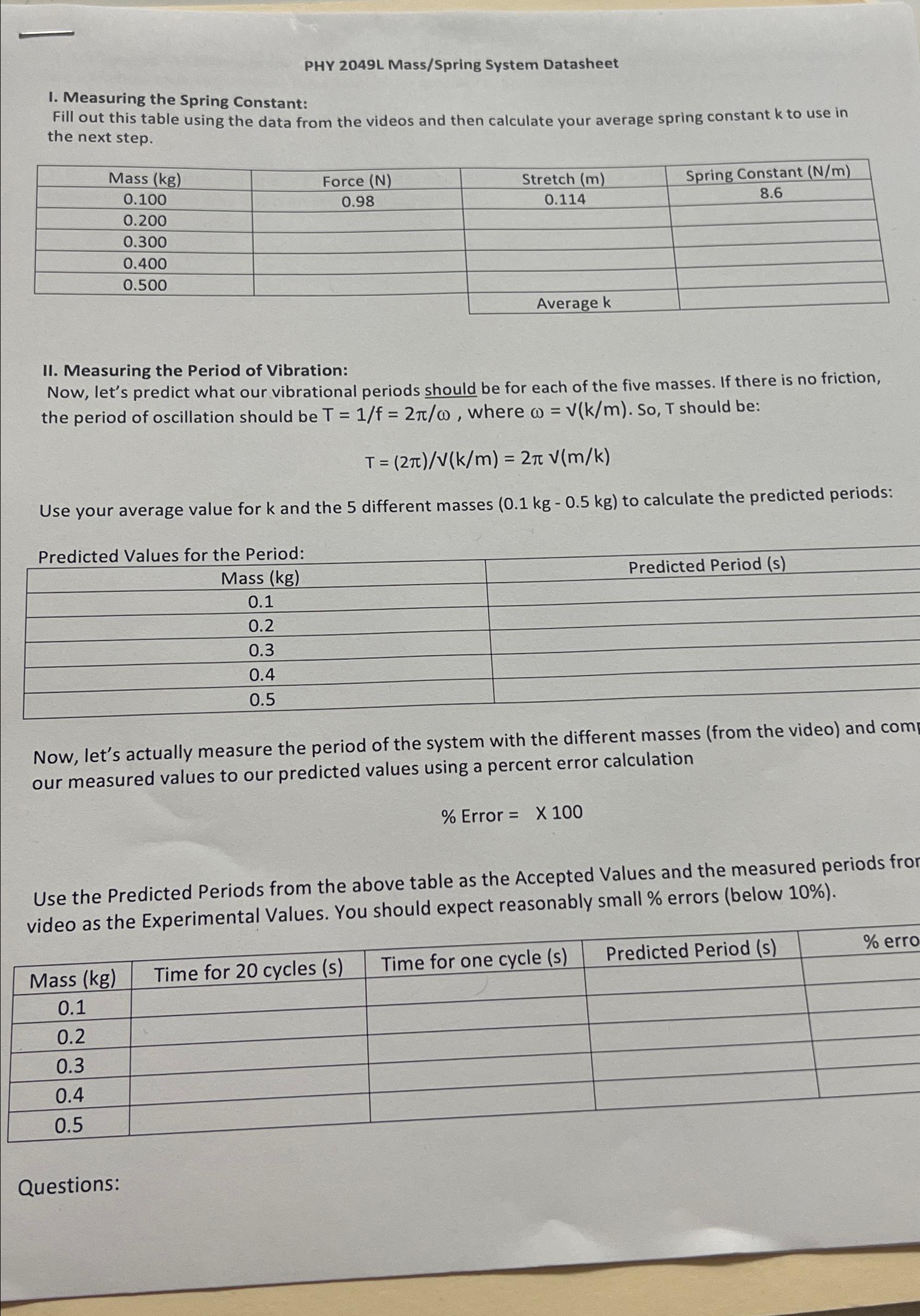 PHY 2049 ﻿L Mass/Spring System DatasheetI. Measuring | Chegg.com