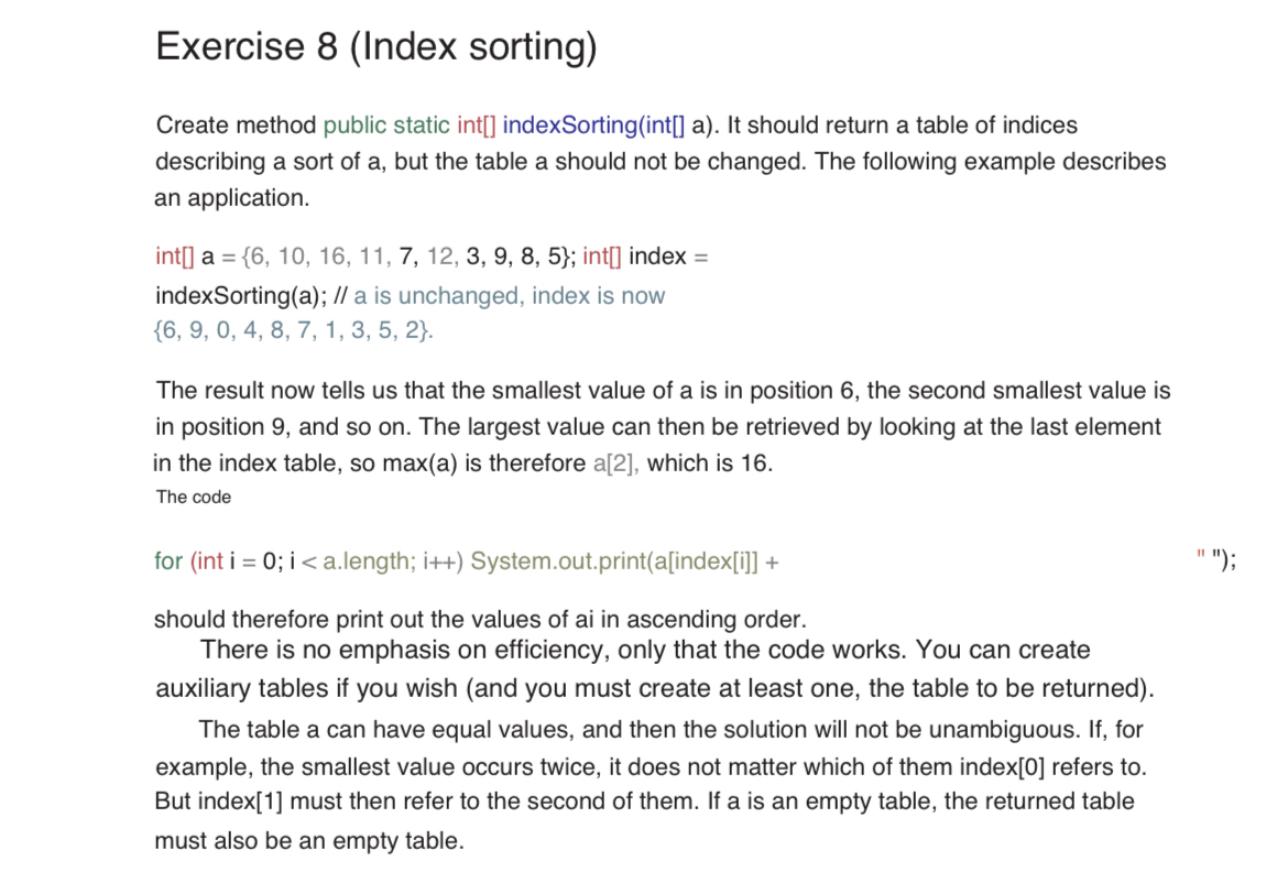 Solved Exercise 8 (Index sorting)Create method public static | Chegg.com