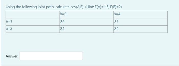 Solved Using the following joint pdf's, calculate cov(A,B). | Chegg.com