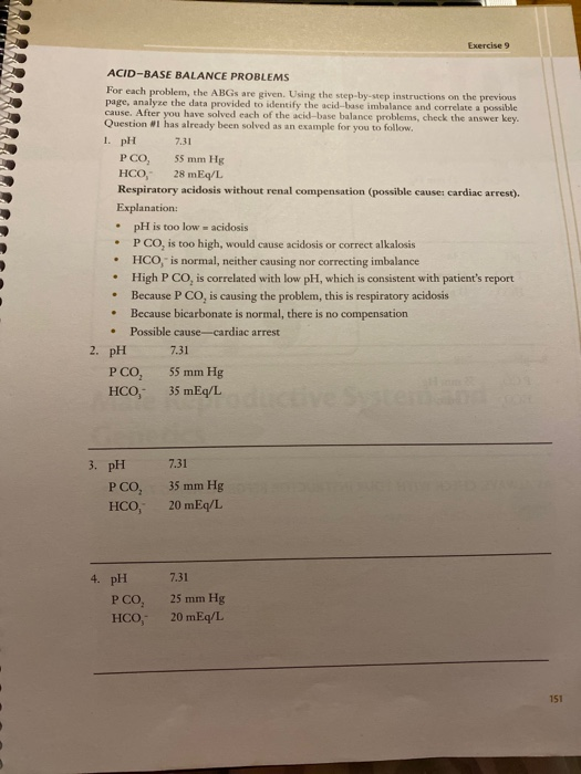 Exercise 9 ACID-BASE BALANCE PROBLEMS For each | Chegg.com