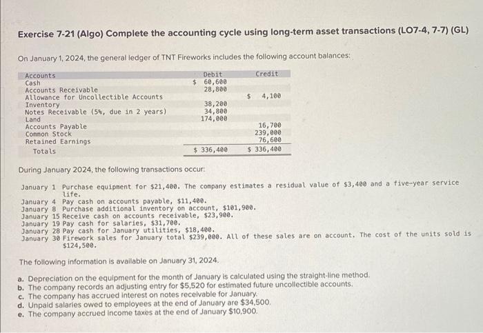 Solved Exercise 7-21 (Algo) Complete the accounting cycle | Chegg.com