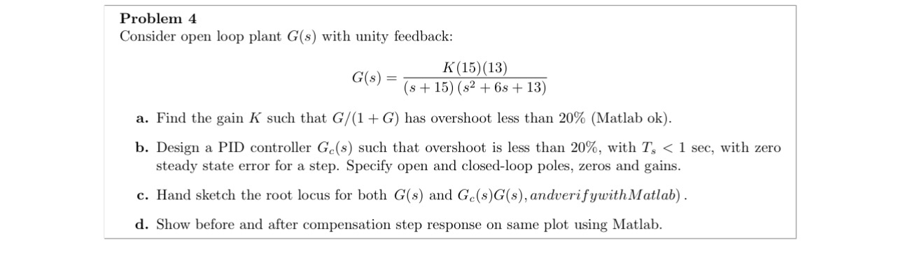 Solved Problem 4Consider open loop plant G(s) ﻿with unity | Chegg.com