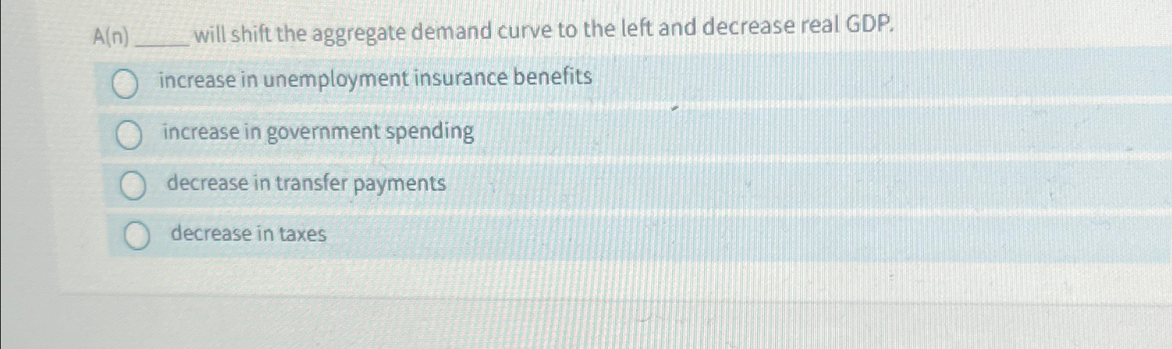 Solved A(n) ﻿will shift the aggregate demand curve to the | Chegg.com