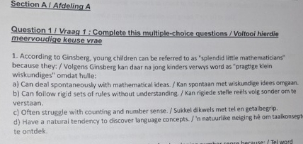 Solved Section A / ﻿Afdeling AQuestion 1 / ﻿Vraag 1 ﻿: | Chegg.com