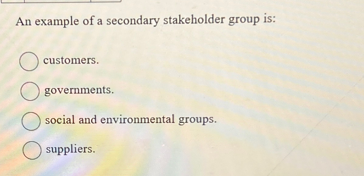 Solved An example of a secondary stakeholder group | Chegg.com