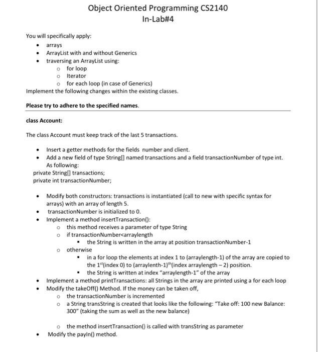Solved Object Oriented Programming CS2140 In-Lab#4 You will | Chegg.com
