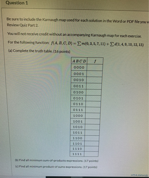 Solved Question 1 Be sure to include the Karnaugh map used | Chegg.com