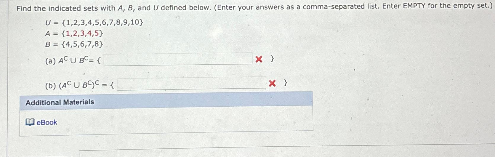 Solved Find the indicated sets with A,B, ﻿and U ﻿defined | Chegg.com