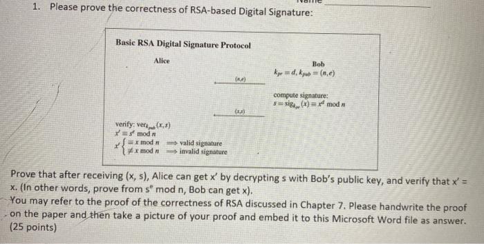Solved 1. Please prove the correctness of RSA-based Digital | Chegg.com