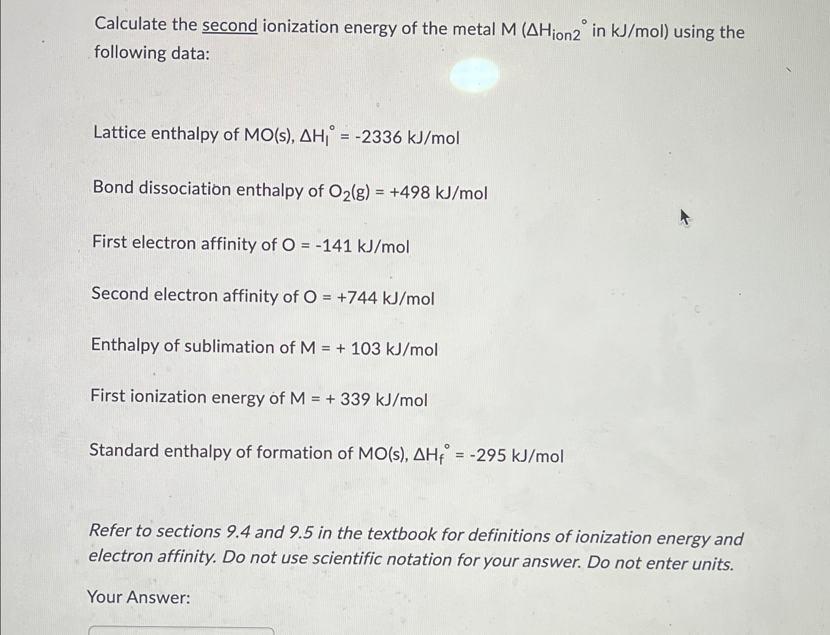 Calculate the second ionization energy of the metal | Chegg.com