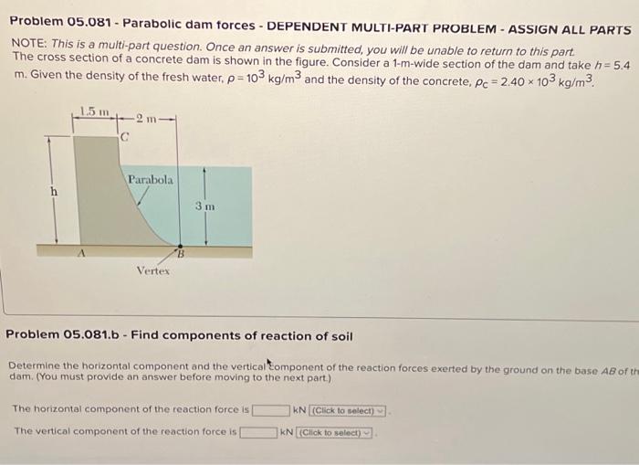 Solved Problem 05.081 - Parabolic dam forces - DEPENDENT | Chegg.com