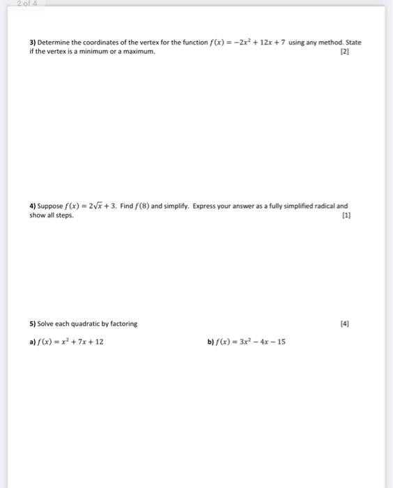 Solved ADVANCED FUNCTIONS DIAGNOSTIC TEST Name: 1) 31 a) | Chegg.com